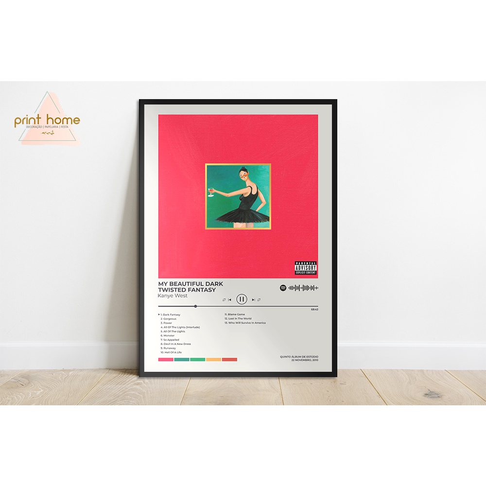 Quadro Placa MDF Spotify Álbum Kanye West My Beautiful Dark Fantasy ...