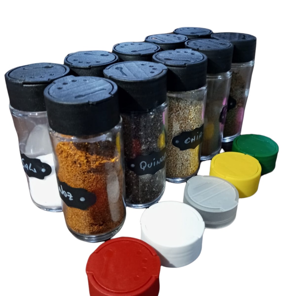 Kit 10 Potes Tempero de Vidro Tampa Dosadora Dupla + Etiquetas Lousa ...