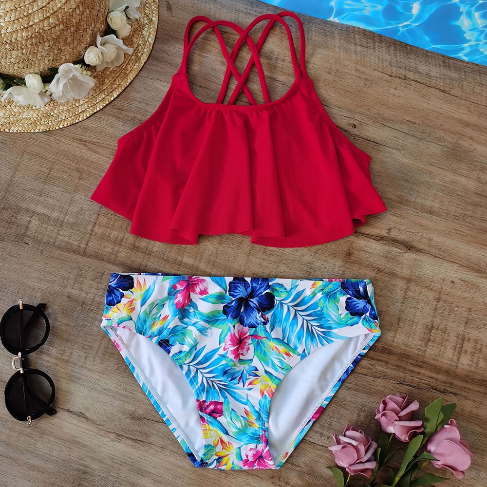 Maiô Menina Flounce Crianças Duas Peças Swimwear Das 7 14 Anos