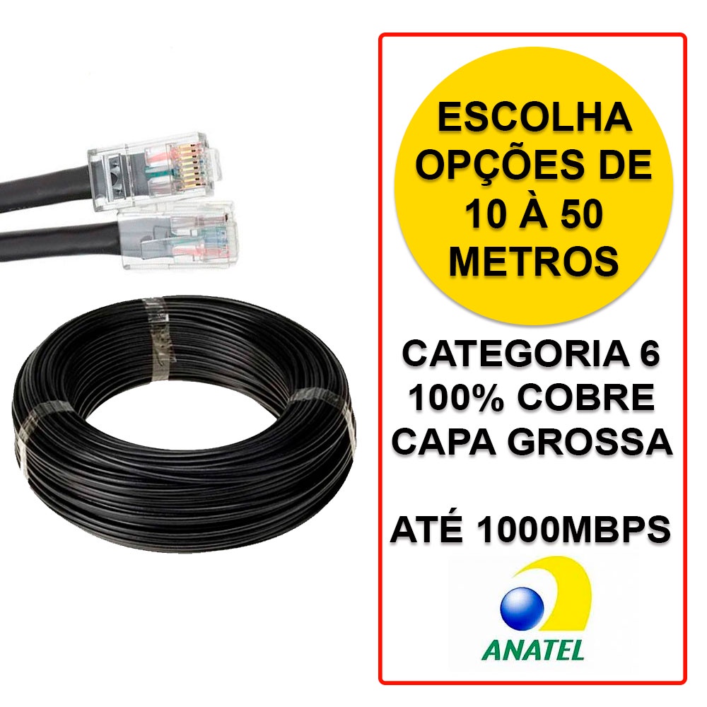 Cabo de Rede Internet Categoria 6 Preto Montado Rj45 Cat 6 10 20 30 40 ...