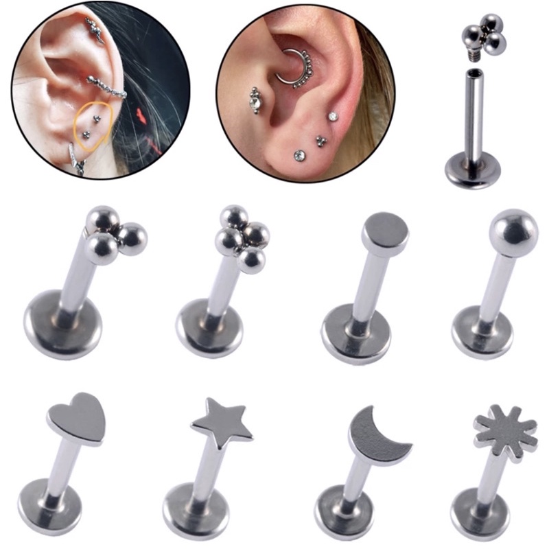 piercing labret tragus helix ponto de luz aço cirúrgico 6mm, 8mm e 10mm ...