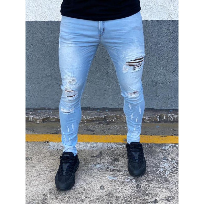 Calça Jeans Masculina Clara Slim Rasgada Super Skinny Lycra Elastano