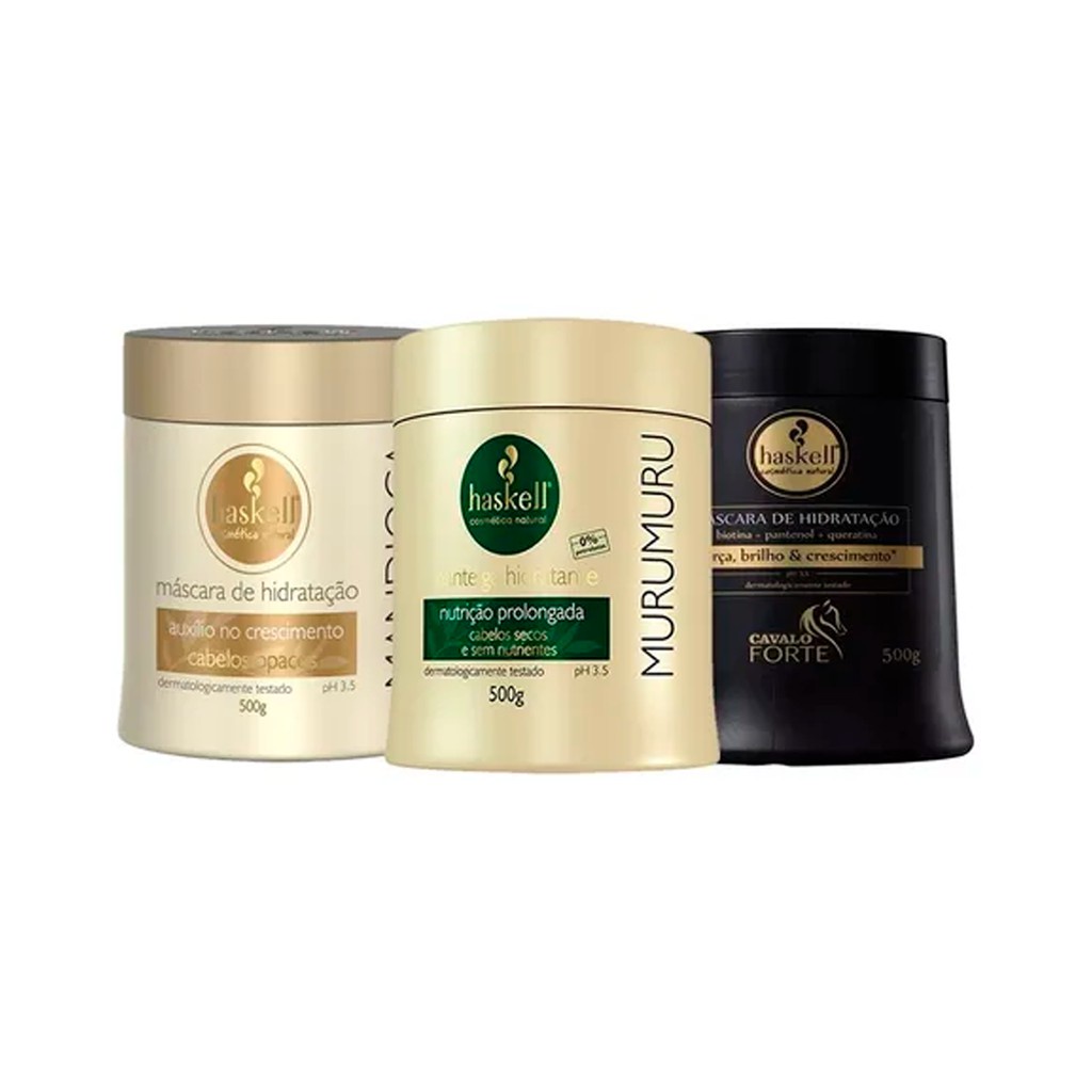 Kit Cronograma Capilar Haskell 3 Máscaras Cavalo Forte, Mandioca e Murumurú 500g | Shopee Brasil
