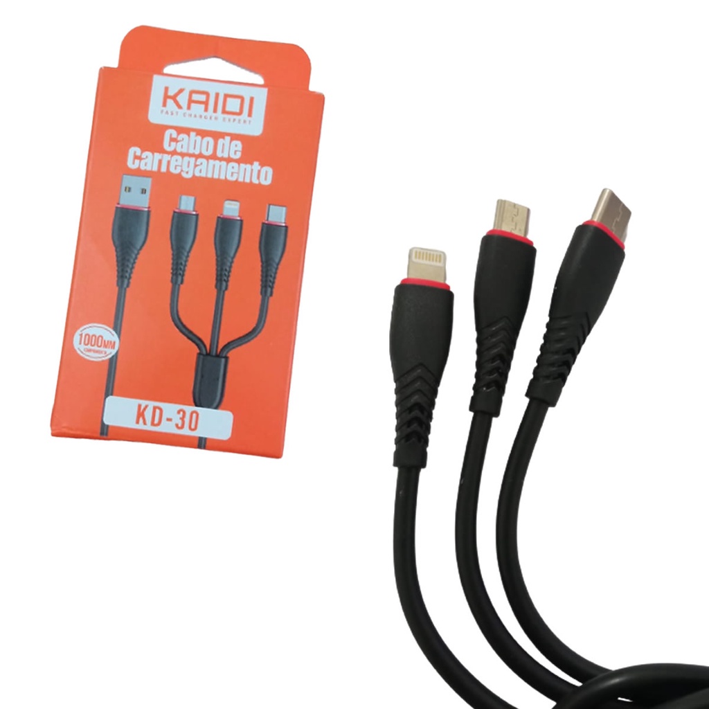 Cabo Carga 3 em 1 Tipo C Ligthing Micro USB Kaidi KD-30 Carregador Universal Iphone Ios Android ...