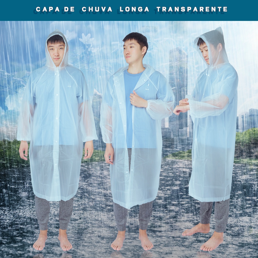 Capa De Chuva Adulto Masculina Feminina Longa Transparente Com Capuz De ...