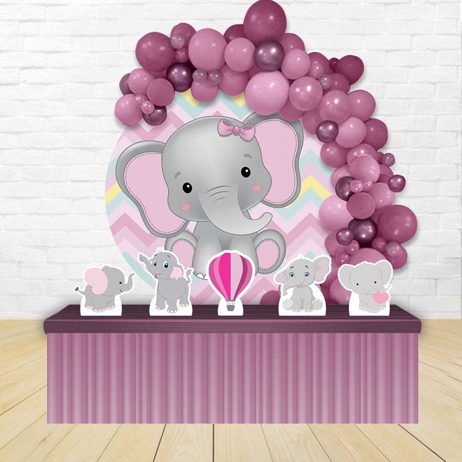 Kit Festa Painel Redondo Decoração Elefante Elefantinho Rosa 1,50 ...