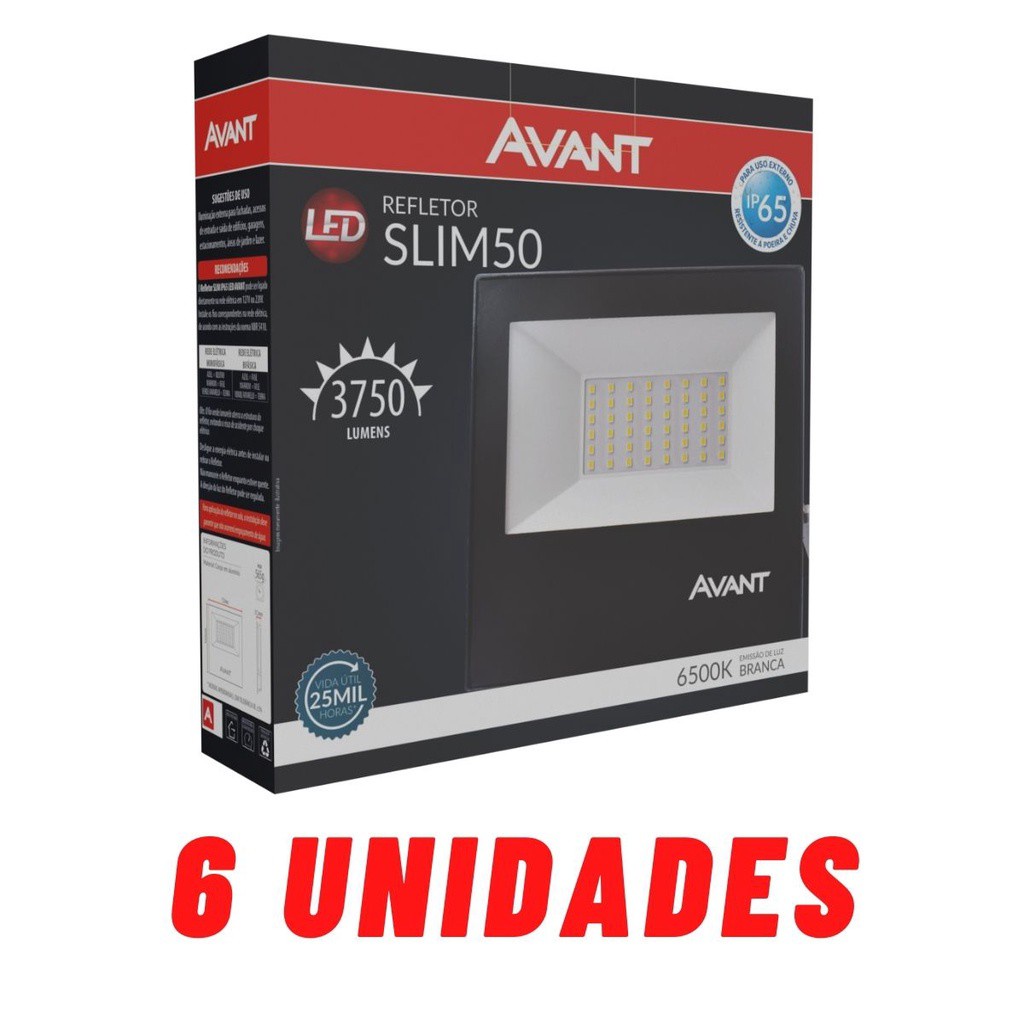 Kit 06 Refletor Led Slim 50w Bivolt Branco Frio 6500k Avant | Shopee Brasil