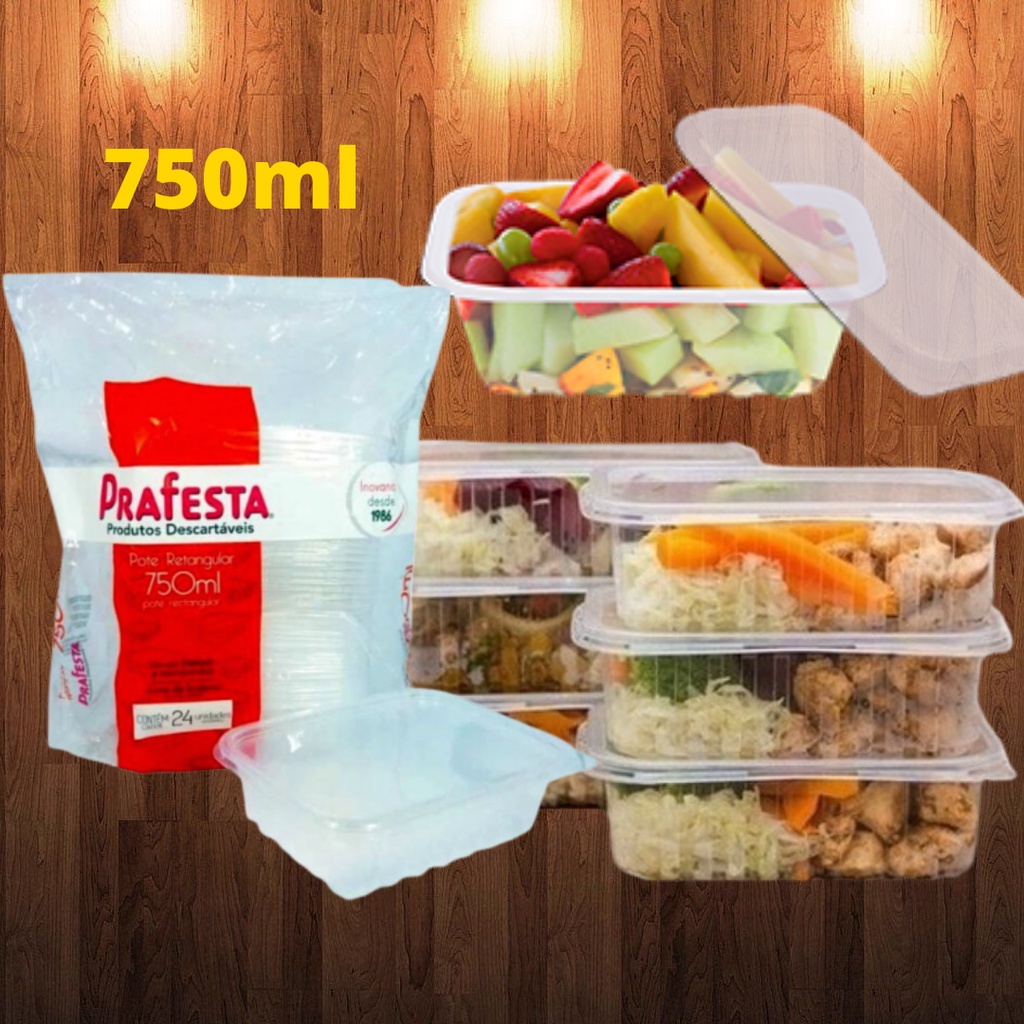 Embalagem 750ml retangular Plástico Para Microondas E Freezer, Marmita Fit 24 unidades Prafesta ...