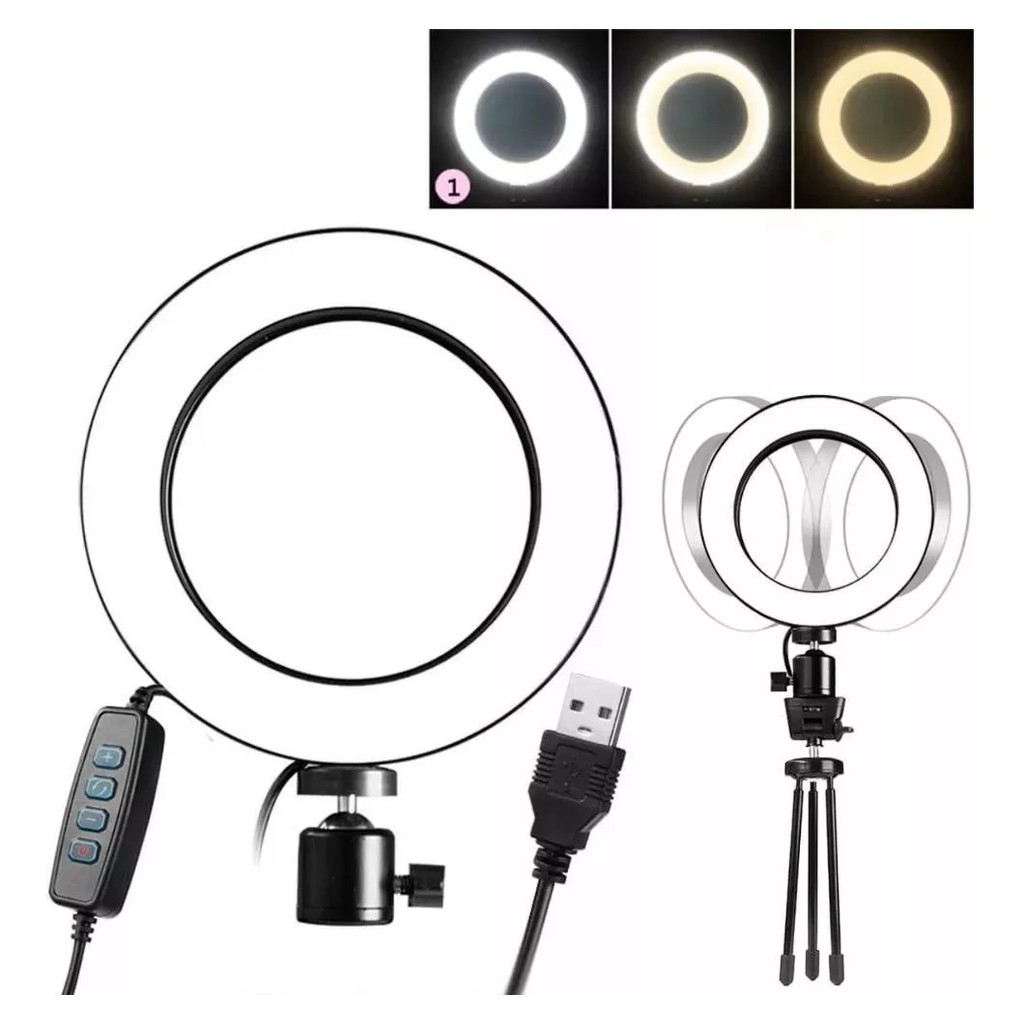 Ring Light Iluminador Selfie Makeup + Tripé De Mesa Luz Led 6 polegadas | Shopee Brasil