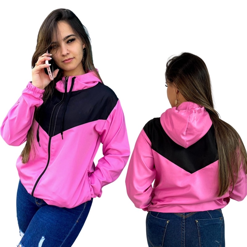 Corta-Vento Feminina Lisa Rosa e Preto | Shopee Brasil