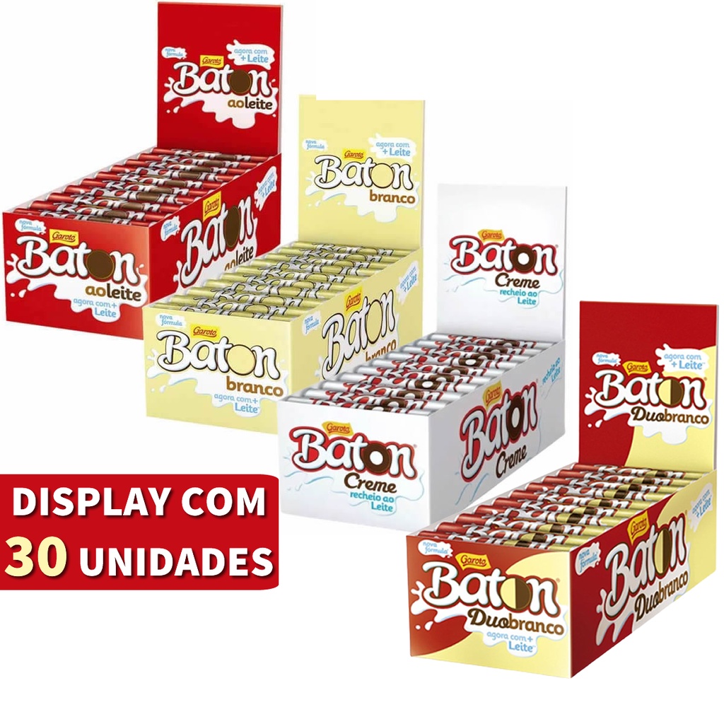 Chocolate Baton Garoto ao Leite, Branco, Duo ou Creme Display com 30 ...