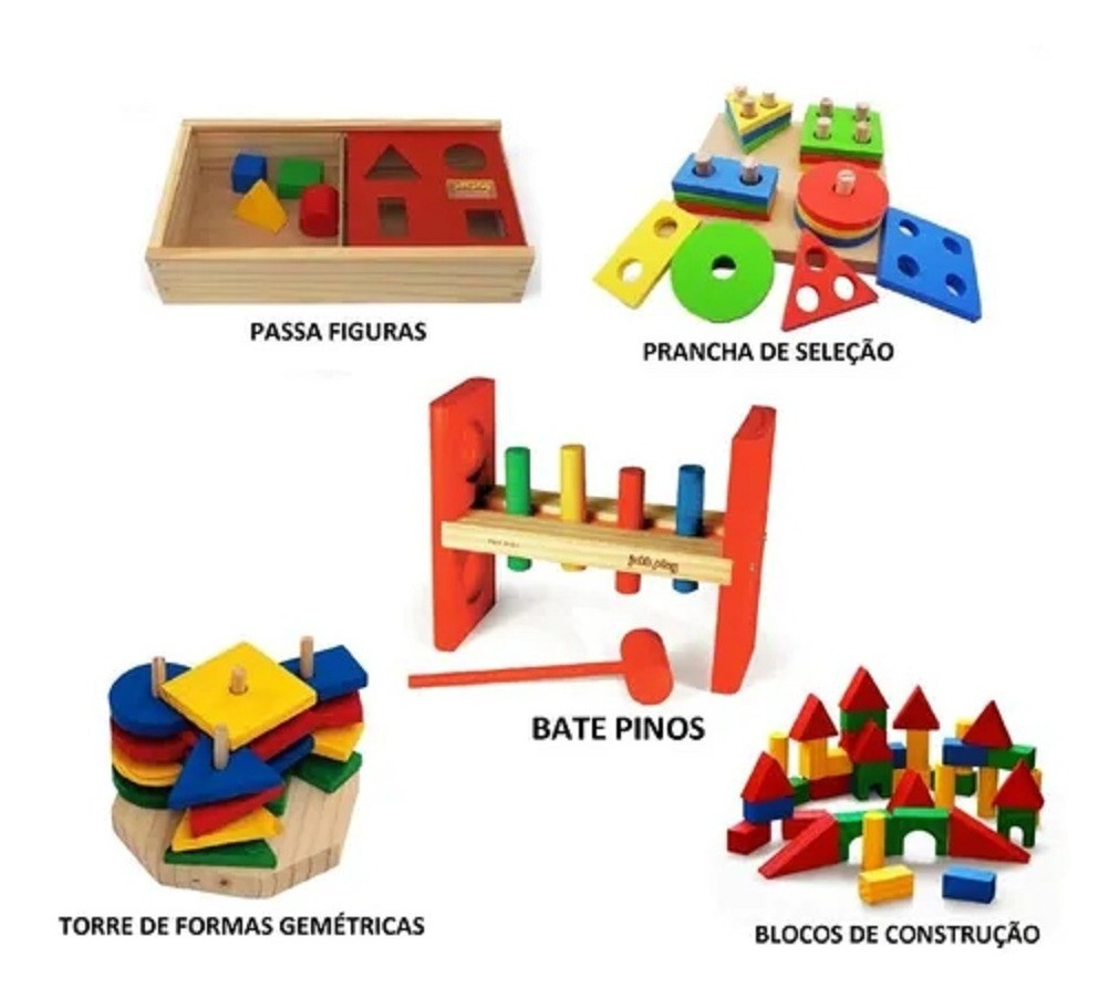 Jogos Educativos Pedagógicos - 5 Jogos Em Madeira E Eva - Bate-Pinos - Prancha de Formas ...