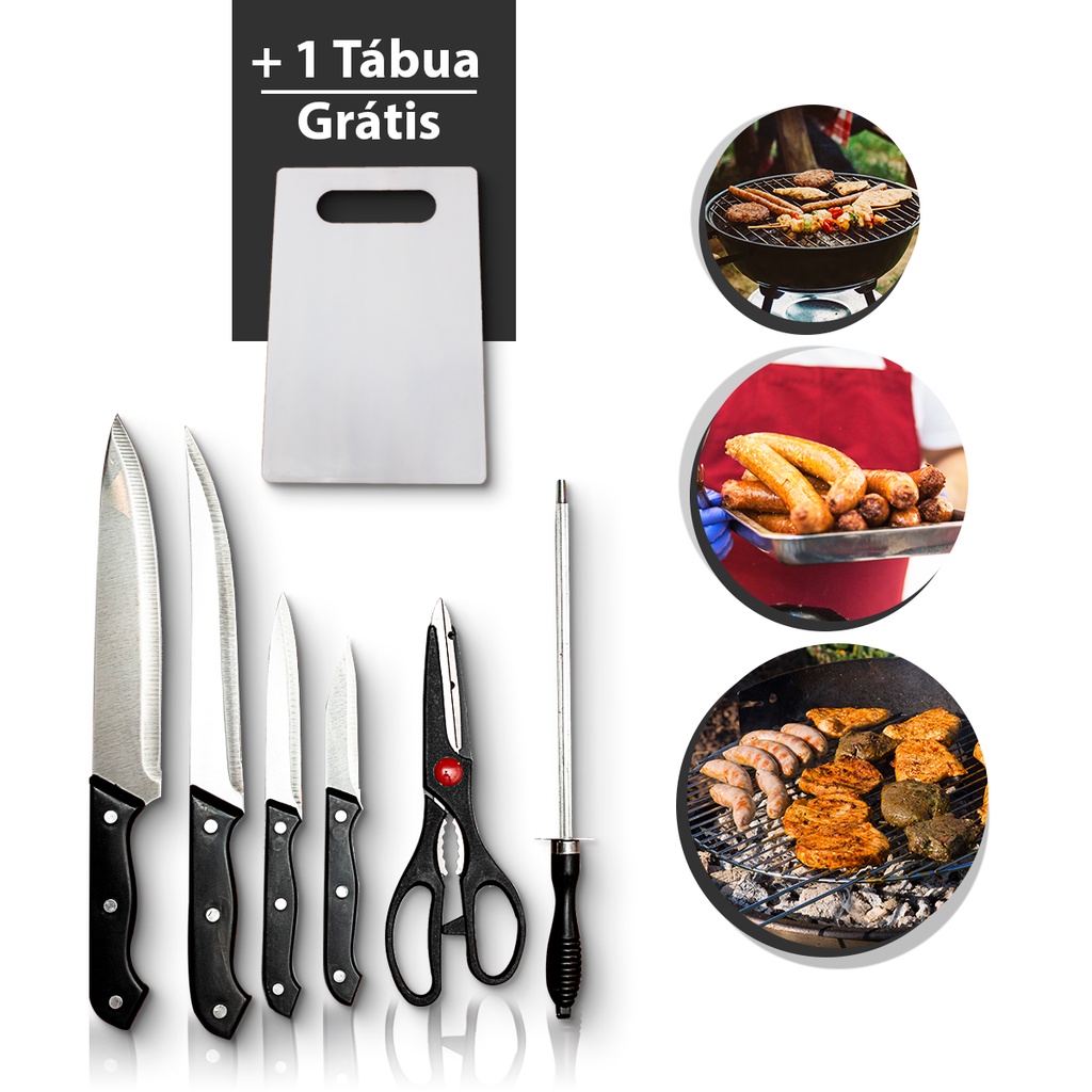 kit faca inox conjunto 7 peças cabo preto original 123útil | Shopee Brasil