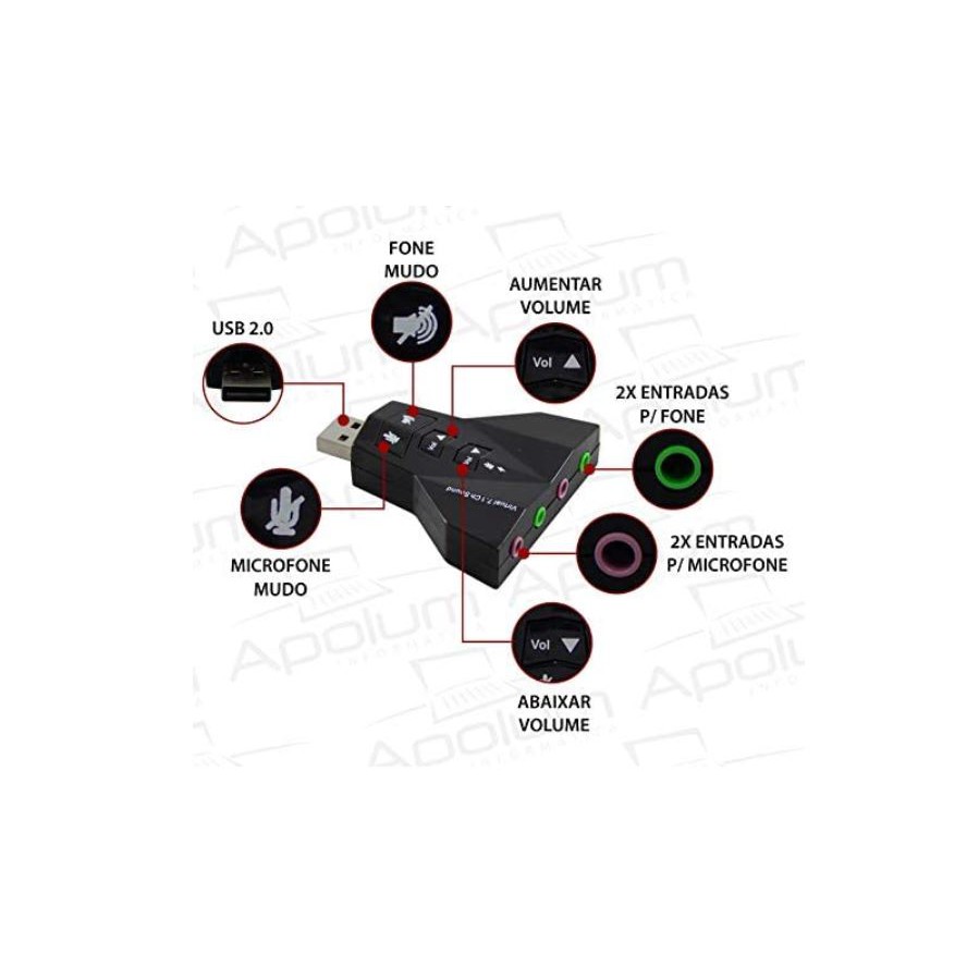 Placa de Som Adaptador Usb Externa 3d Audio P2 Pc Notebook 7.1 Sound 4 ...