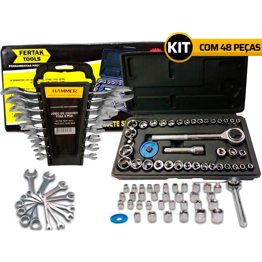 Kit Jogo De Ferramentas 48 Pçs C/ Chave Fixa E Soquetes - Escorrega o Preço