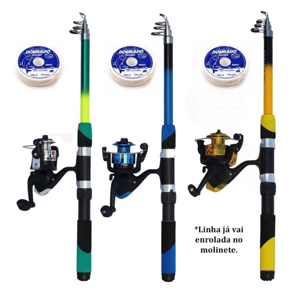 Kit 3 Varas De Pesca Com Molinete Ultra Light Cores Diversas + Linha ...