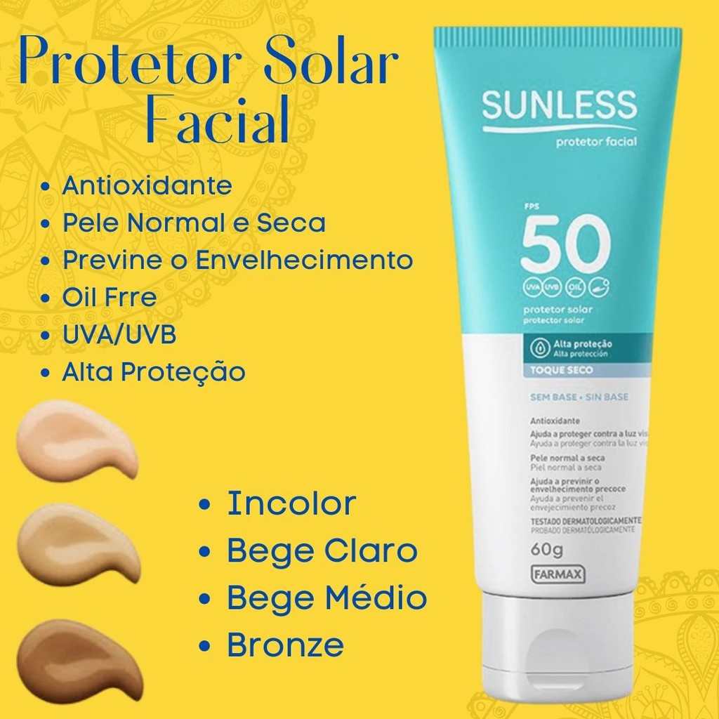 Protetor Solar Bege Claro Facial FPS 50 Sunless - 60g Farmax | Shopee ...
