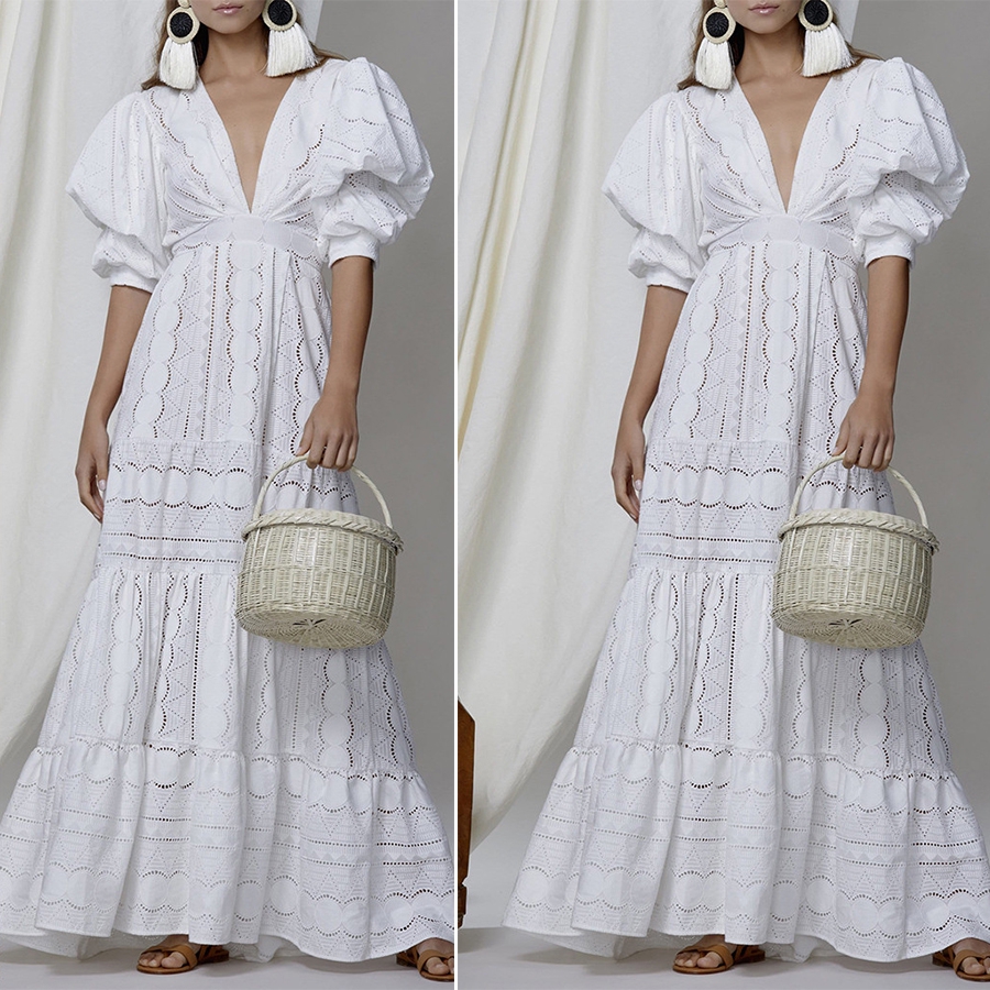Vestido Feminino Longo De Renda Com Manga Bufante Gola V Cor Lisa