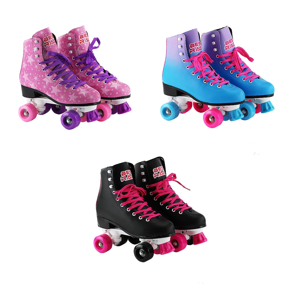 Patins Retrô Clássico 4 rodas Quad Roller Azul, Rosa e Preto Tam.35/36 ...