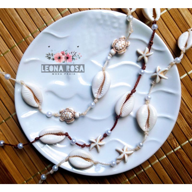 Colar choker de búzios estrela do mar e pérolas ajustável com regulagem ...