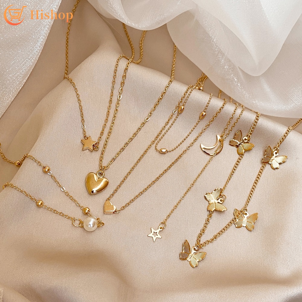 6 Pcs/set Simple Gold Necklace Set Butterfly Heart Pearl Choker Chain ...