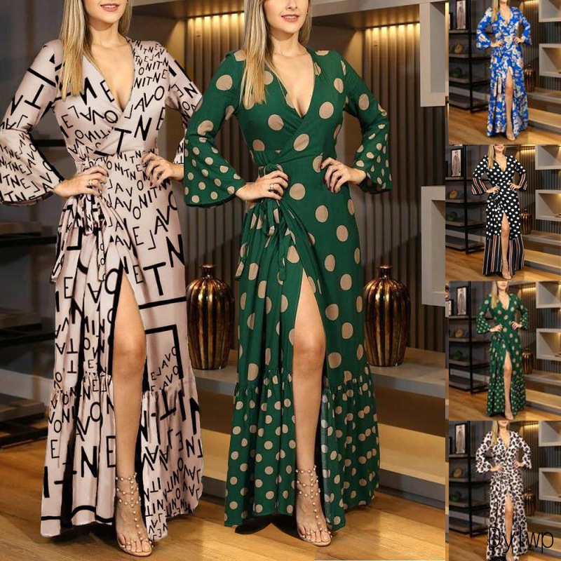 Vestido Longo Feminino Com Decote Em V Manga Longa Estampado