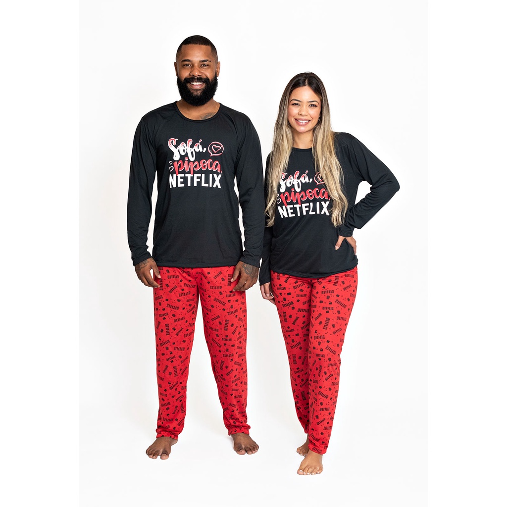 Kit 2 Pijamas de Casal Manga Longa Netflix Inverno Barato Alta ...