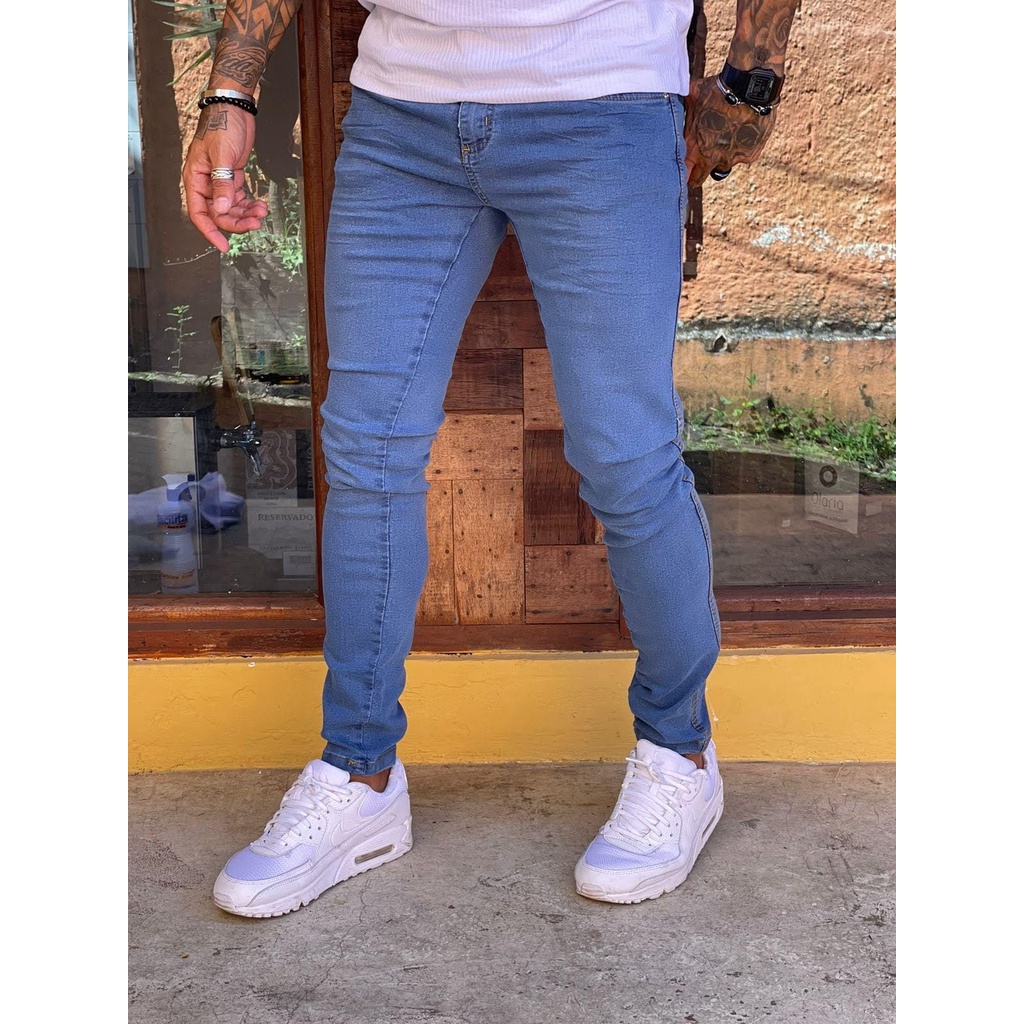 Calça Jeans Masculina Skiny Skinny Justa Lycra Elastano Rasgada
