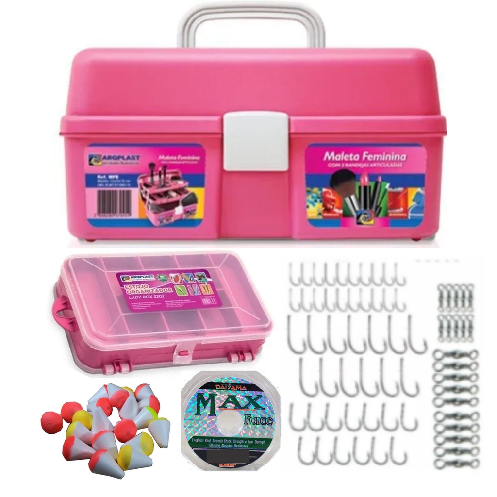 kit de pesca rosa maleta organizadora anzois giradores chumbadas boias ...