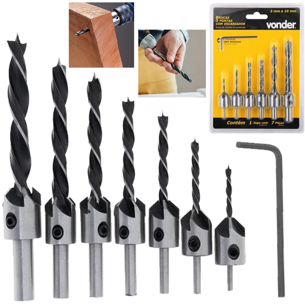 JOGO DE BROCA 3 PONTAS COM ESCARIADOR DE 3 A 10mm - Vonder | Shopee Brasil