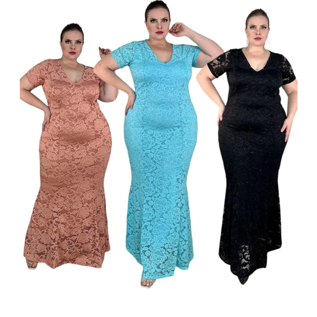 Vestido longo sereia de renda com gliter forrado tubinho social festa ...