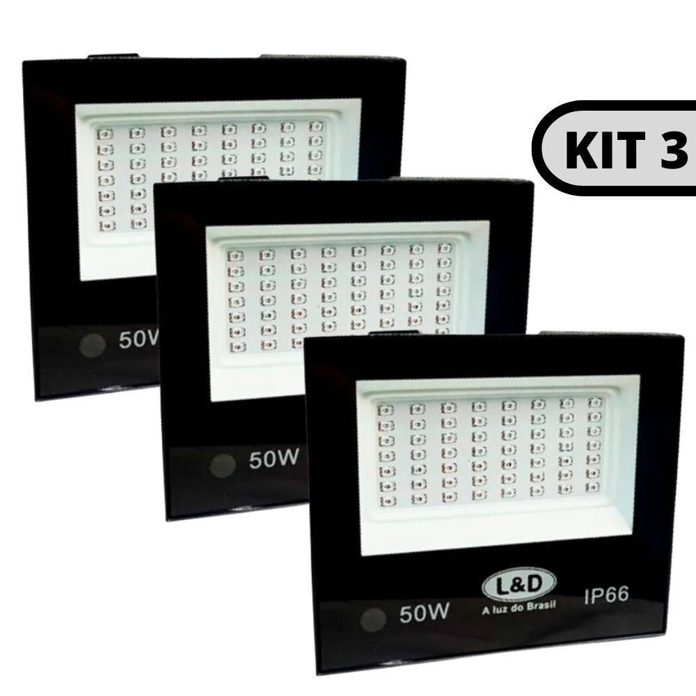 Kit 3 Refletor Led 50w Holofote Bivolt Slim Resistente Agua Branco Frio IP66 6500K | Shopee Brasil