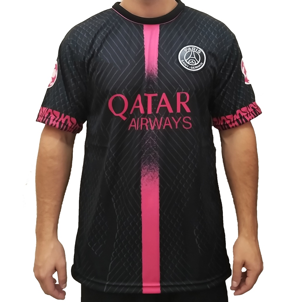 Camisa PSG Preta e Rosa Mbappé Qatar Camisa de Time Paris Saint Germain ...