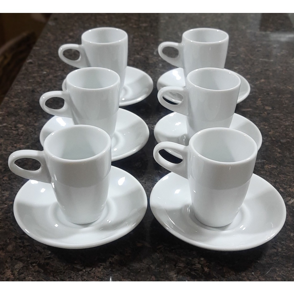Jogo 6 xícaras de Café com pires - 80 ml cônica alta - Porcelana branca | Shopee Brasil