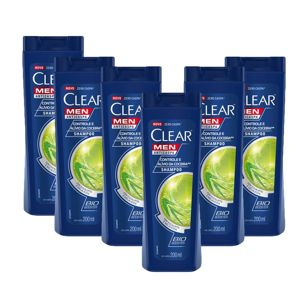 Kit 6 Shampoos Clear Men Anticaspa Controle e Alivio da Coceira 200ml ...