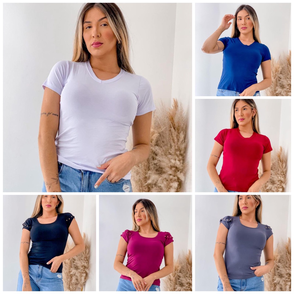 Kit 4 blusas Femininas Gola V Manga Curta. | Shopee Brasil