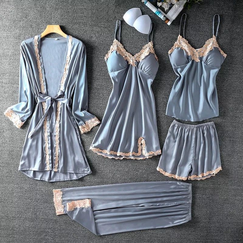 Kit de Pijamas 5 Peças em Cetim de Seda Luxo Renda Dourada Azul ...