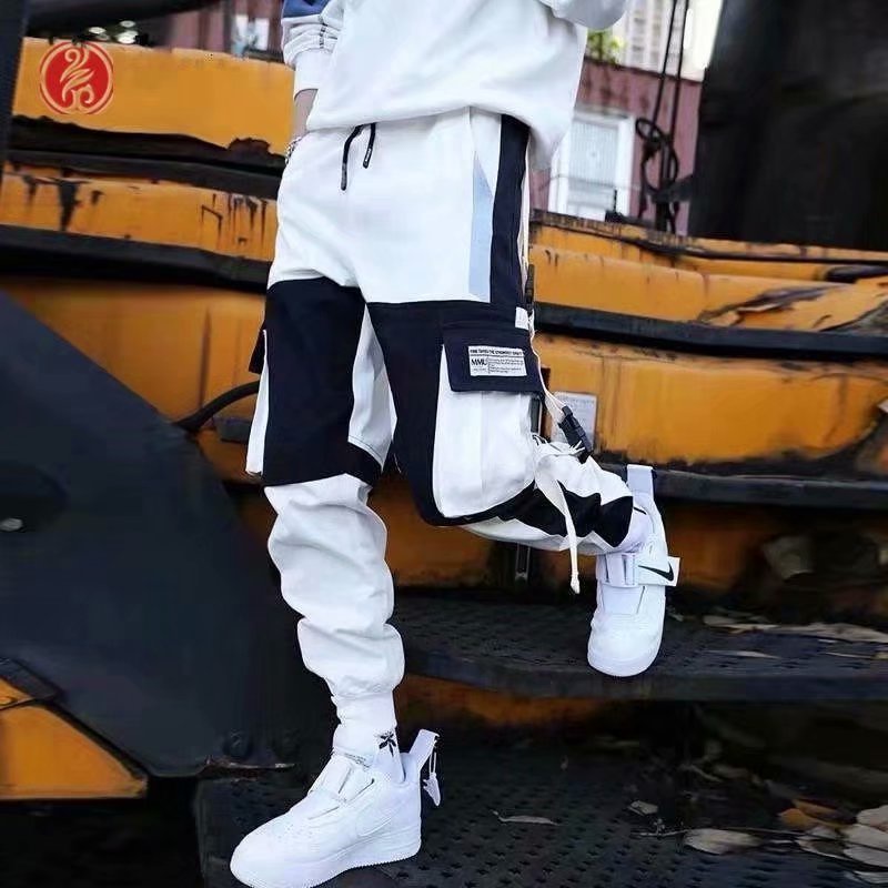 Calças Cargo Hip Hop Dos Homens Esportes Multifuncional Preto Branco
