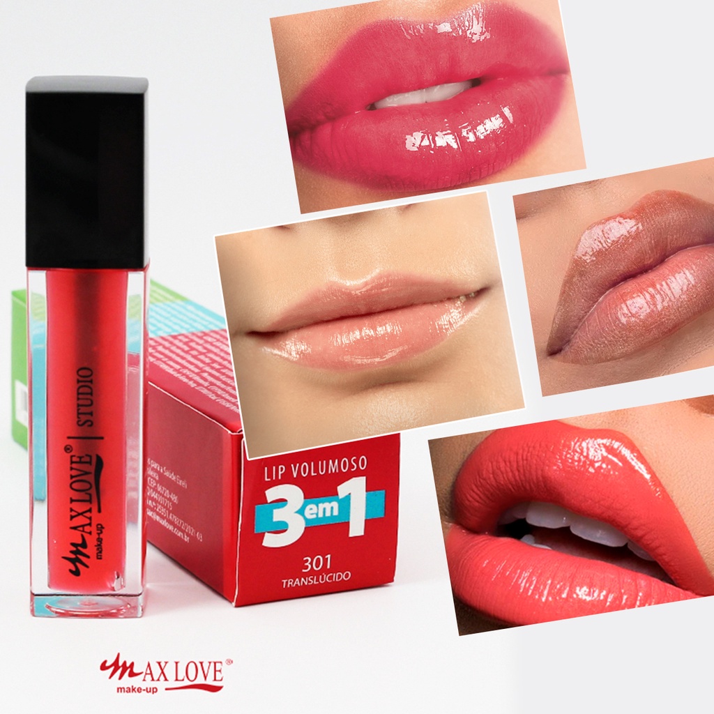 Gloss Lip Volumoso Max Love Make Up 3 em 1 Vitamina E Ácido Hialurônico Rosa Mosqueta 5ml ...