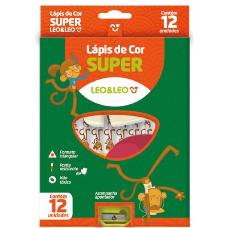 Lapis de Cor 12 Cores Jumbo Triangular Super + Apontador Leo&Leo | Shopee Brasil