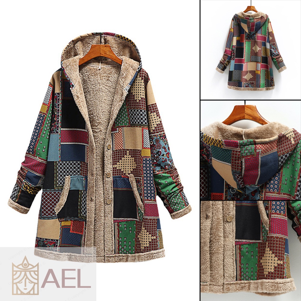 Casaco De Inverno Quente Com Capuz Casuais Jaqueta Solta Das Mulheres Bloco Patchwork Estilo ...