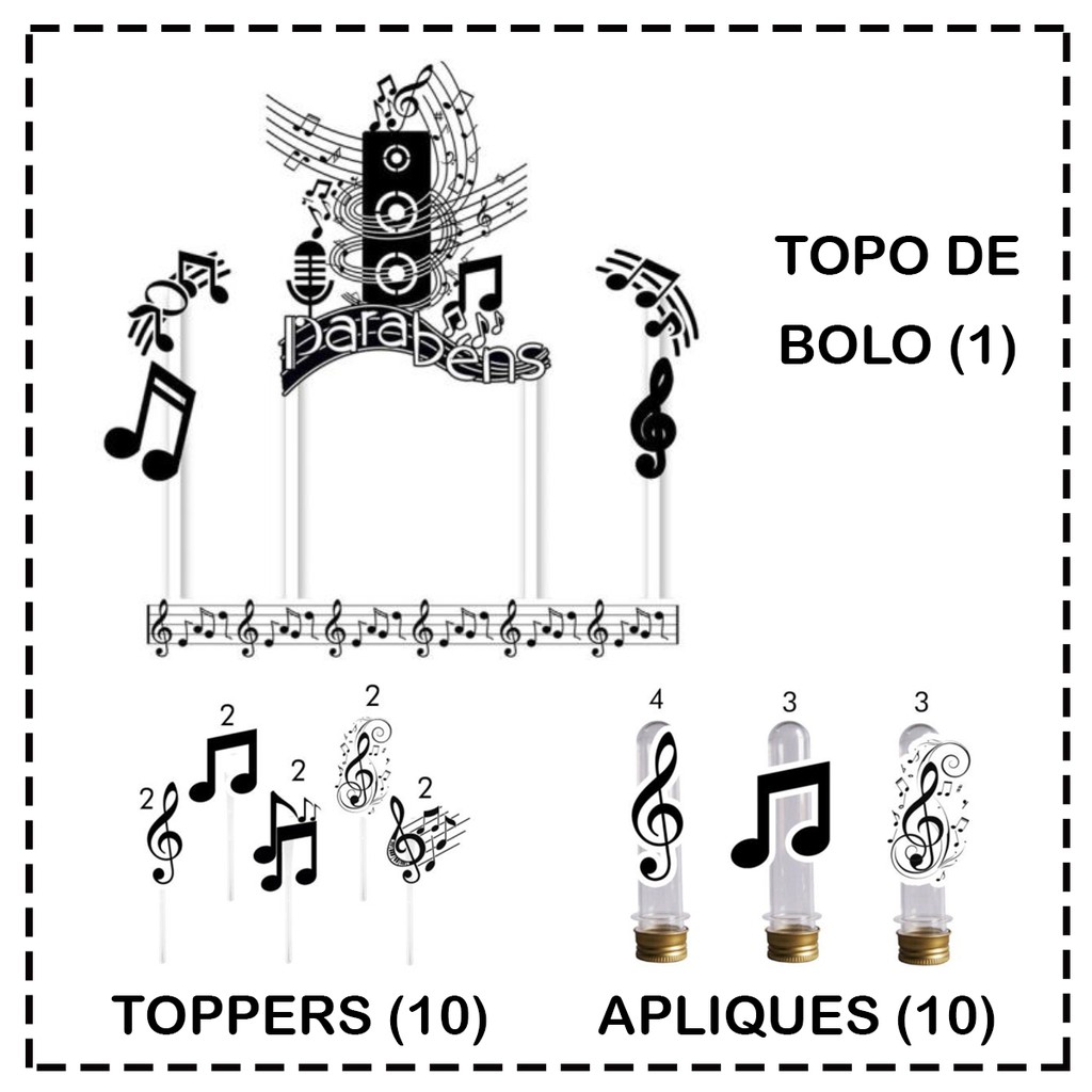 Topo de Bolo Notas Musicais + Toppers para doces + Apliques para ...