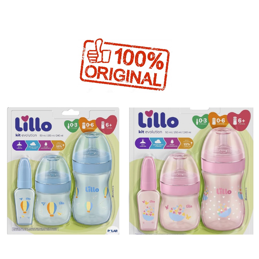 Kit c/ 3 Mamadeira Lillo Primeiros Passos 50ml 0-3/150ml 0-6/240ml 6+ Azul, Rosa e Branco ...