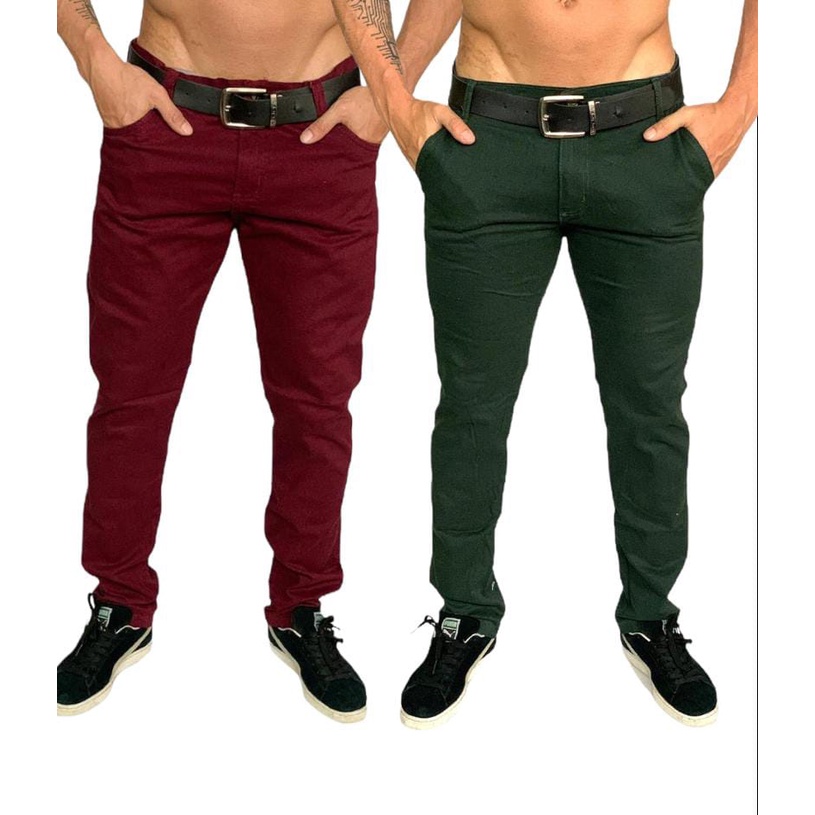 Kit 2 Calça Jeans Sarja Com Lycra Masculina Do 38 Ao 48 Bege Preta