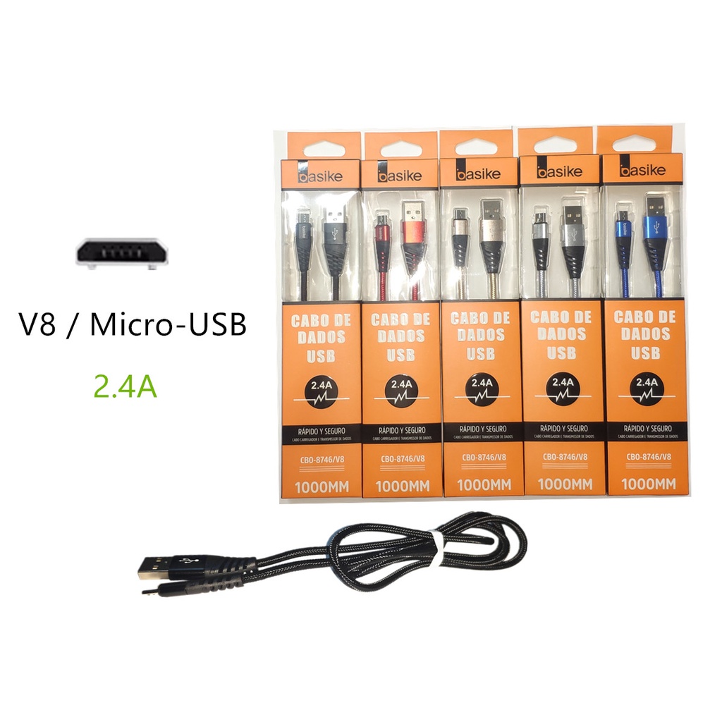 Cabo V8 Micro usb / Tipo C USB 2.4A Carga Rápida 1 Metro Inova Original ...