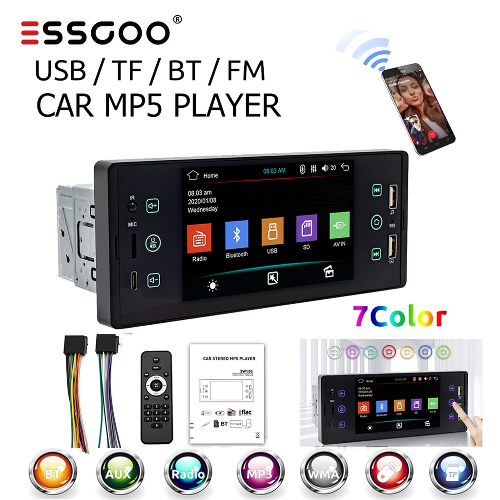 ESSGOO 5'MP5 Player 1 Din Rádio Estéreo Do Carro IPS Touch Screen Wince Sistema BT/TF/FM/USB ...