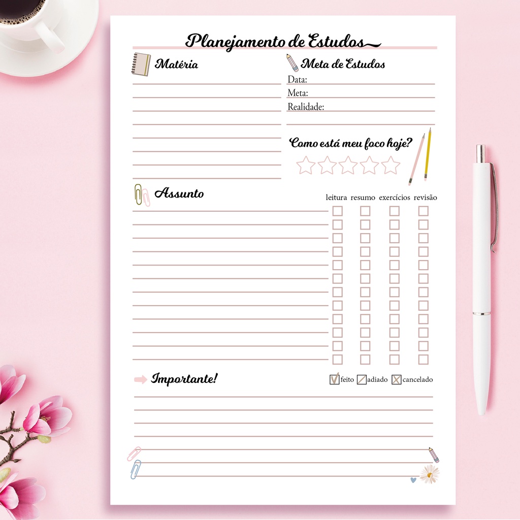 Bloco destacável planner de estudos planejamento escolar enem concurso ...