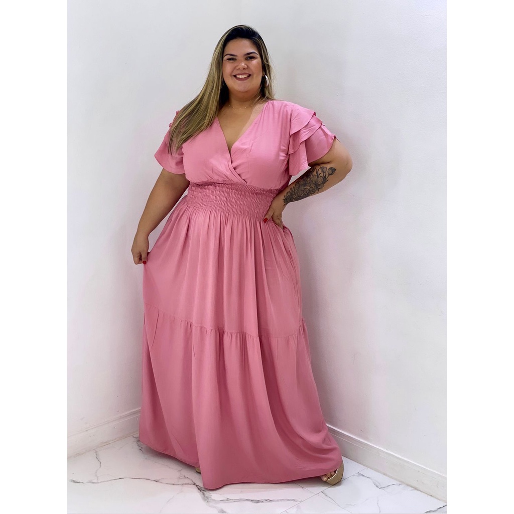 Vestido Longo Feminino Plus size Decote Traspassado | Shopee Brasil