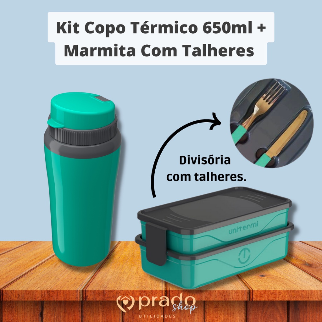 Kit Marmita Com Talheres e Divisória 1,3L + Copo Térmico Miami 650ml ...