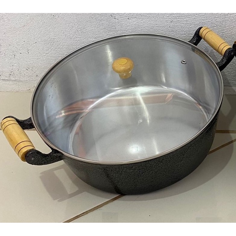 Panela Preta Grande Tampa de Vidro Alumínio Batido Fundido Grosso nº28 ...